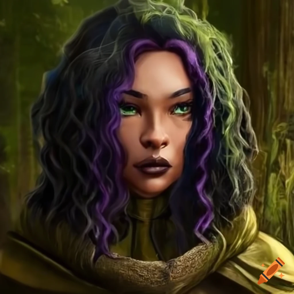 Black female hobbit druid with purple hair on Craiyon