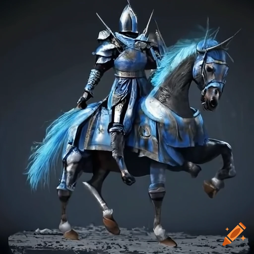 Knights riding into battle on blue-steel armored horses on Craiyon