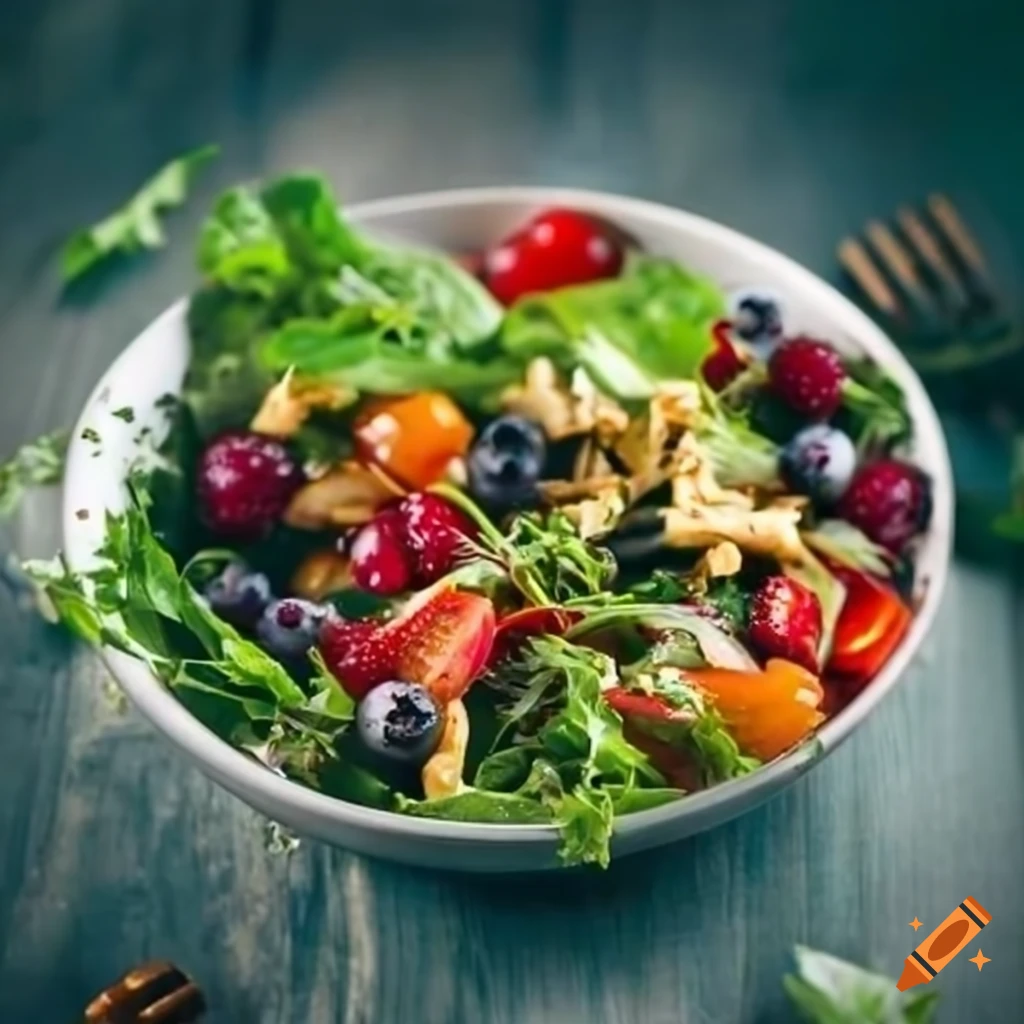 Forest salad with crispy vegetables and wild berries in light dressing ...