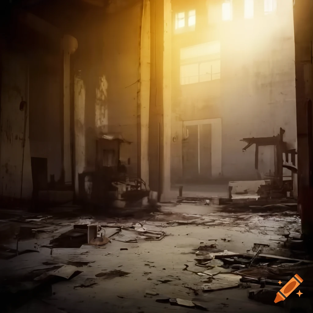 Interior of a bright foggy abandoned factory with old machines on Craiyon