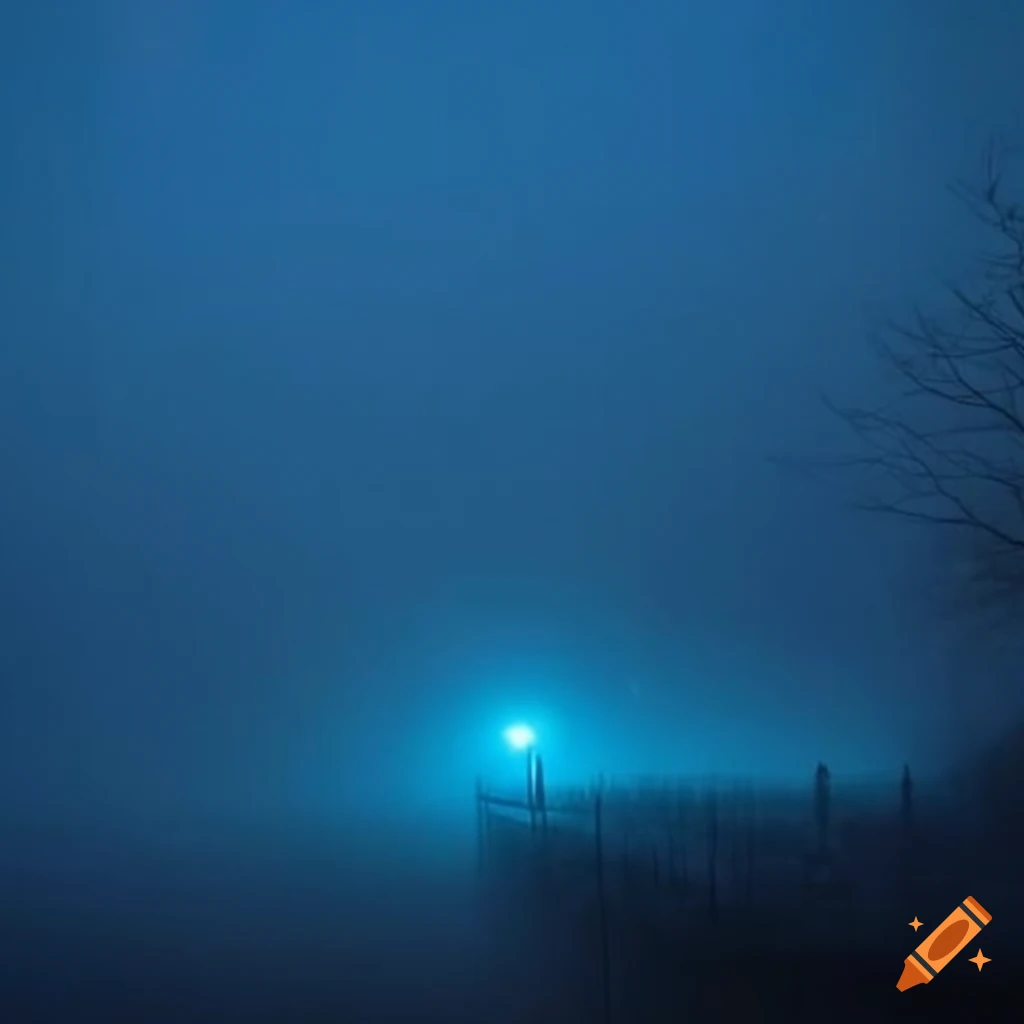 Small blue lights in thick fog at night on Craiyon