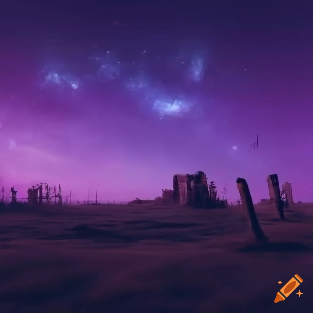 Post-apocalyptic landscape with purple sky and galaxy in the background ...