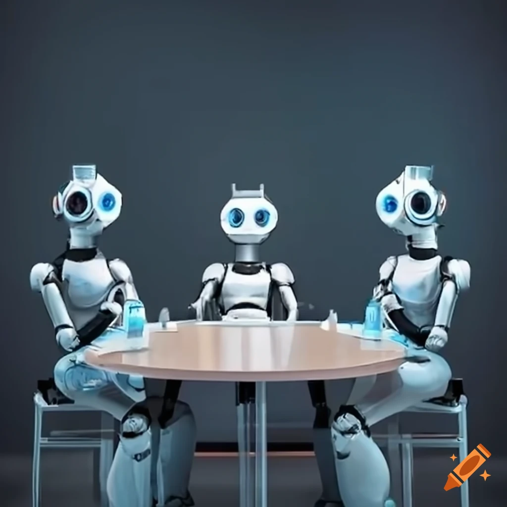 Three robots having a meeting around a table on Craiyon