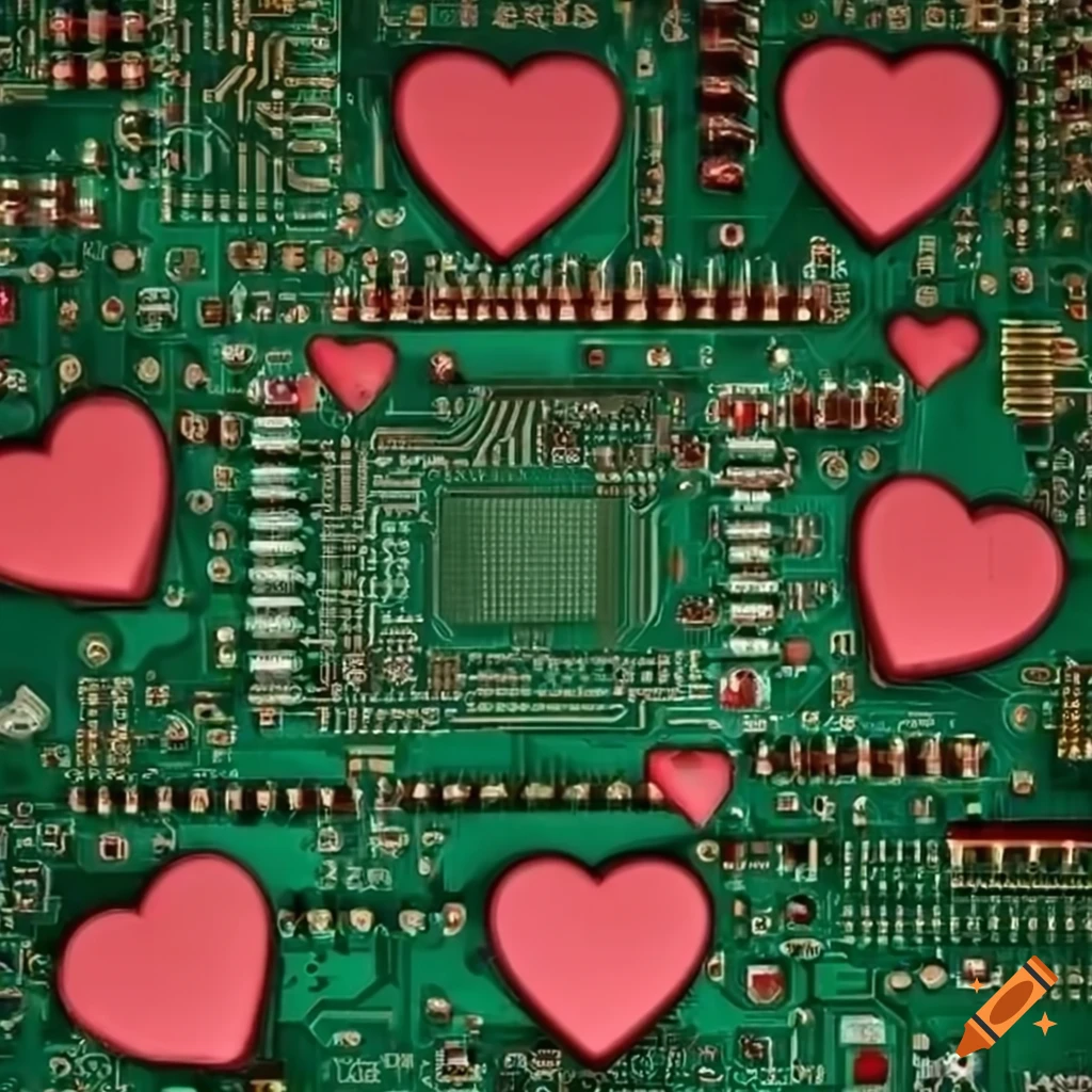 Vintage candy hearts on a green computer circuit board on Craiyon