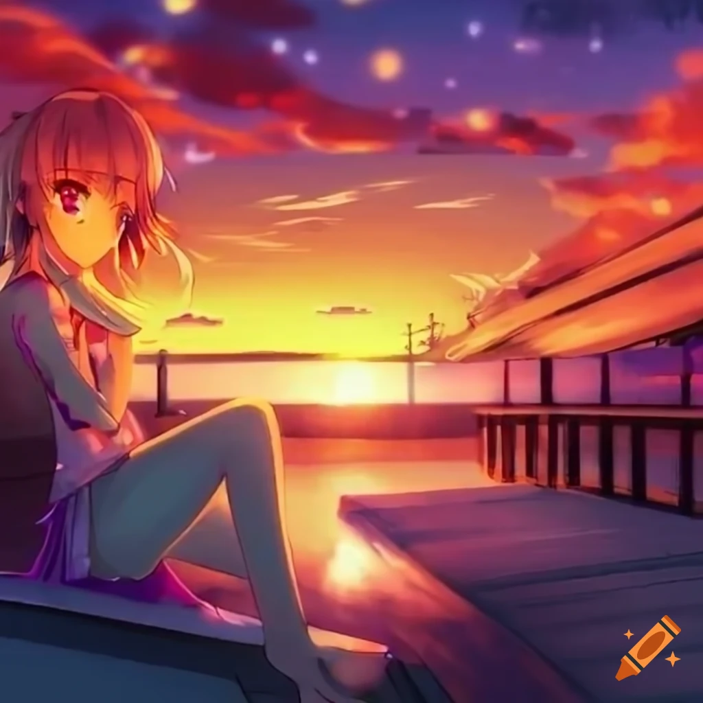 Anime character watching digital sunset on Craiyon