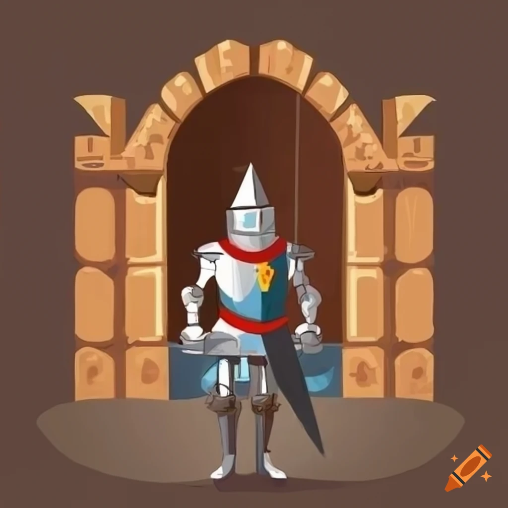 Guard knight standing in front of medieval castle wooden gate in ...