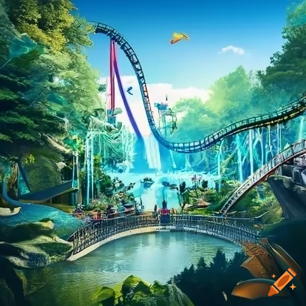 Rollercoaster theme park in beautiful natural setting on Craiyon