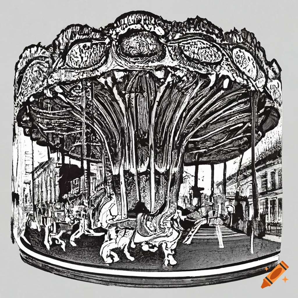 Detailed mono print of a carousel on Craiyon