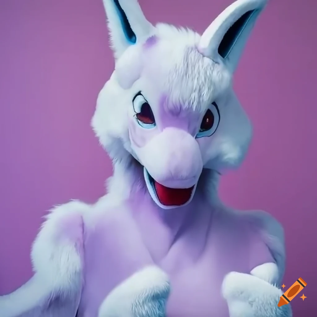 Close up detail of a nurse in a full body Mewtwo fursuit at hospital on ...