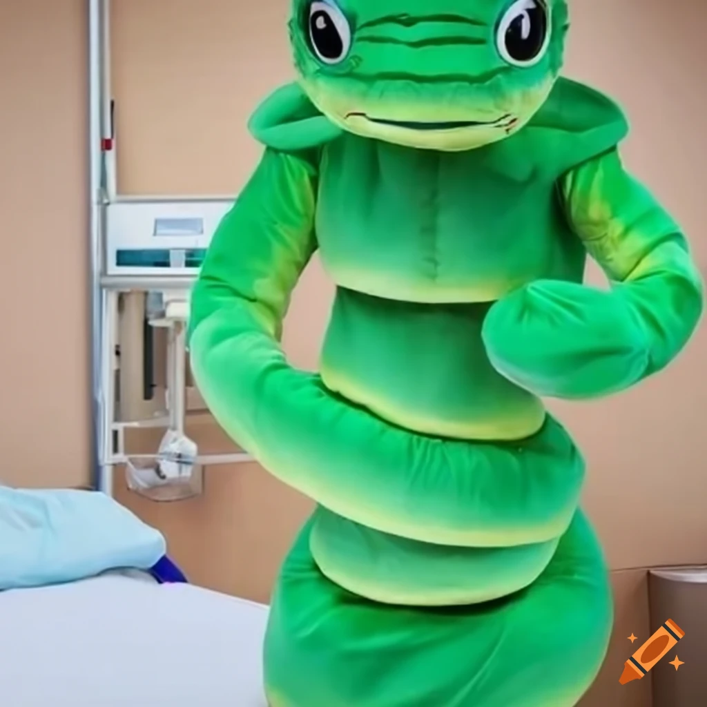 Nurse in full body green snake mascot costume at hospital on Craiyon