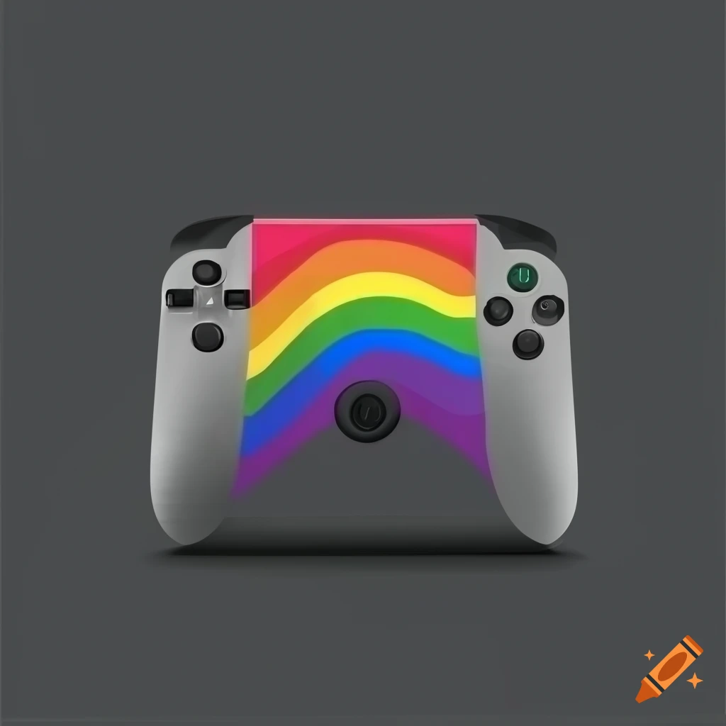 Vibrant LGBTQIA themed video game console on black background on Craiyon