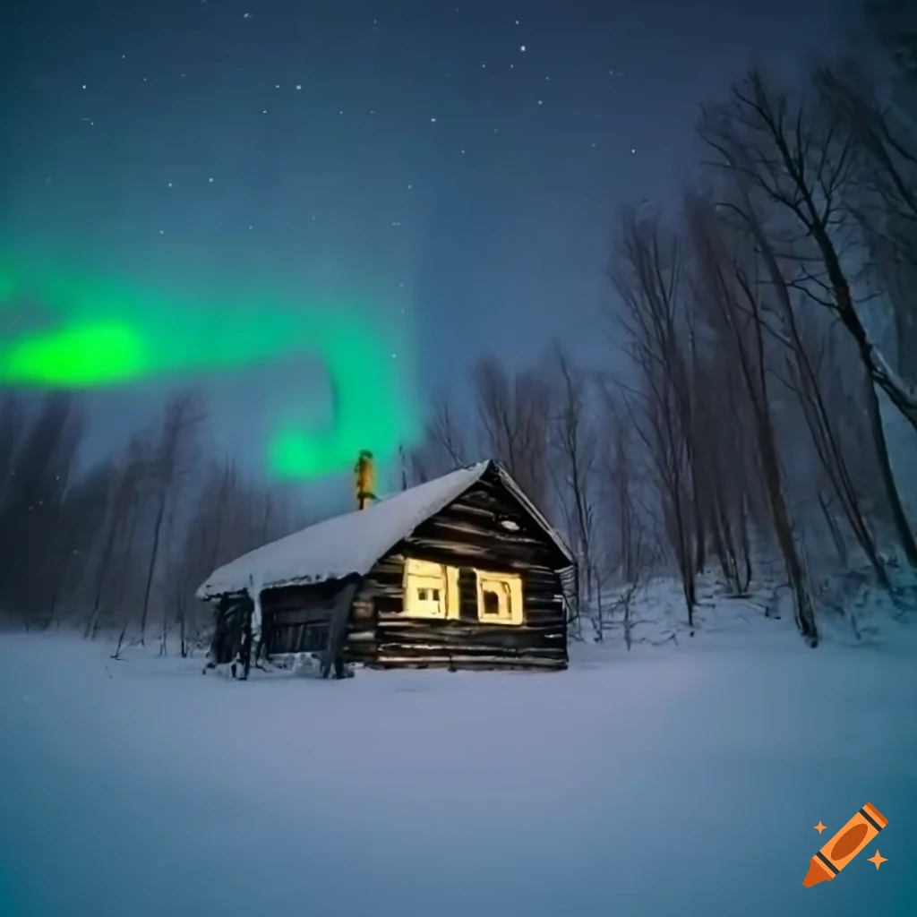 Winter cabin in haunted snow-covered woods under northern lights on Craiyon