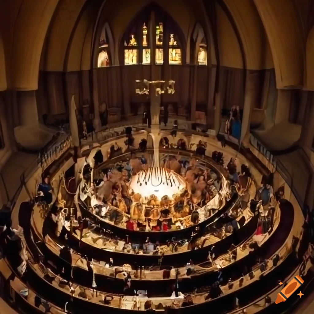 Top view of people standing in a worship circle inside a church on Craiyon
