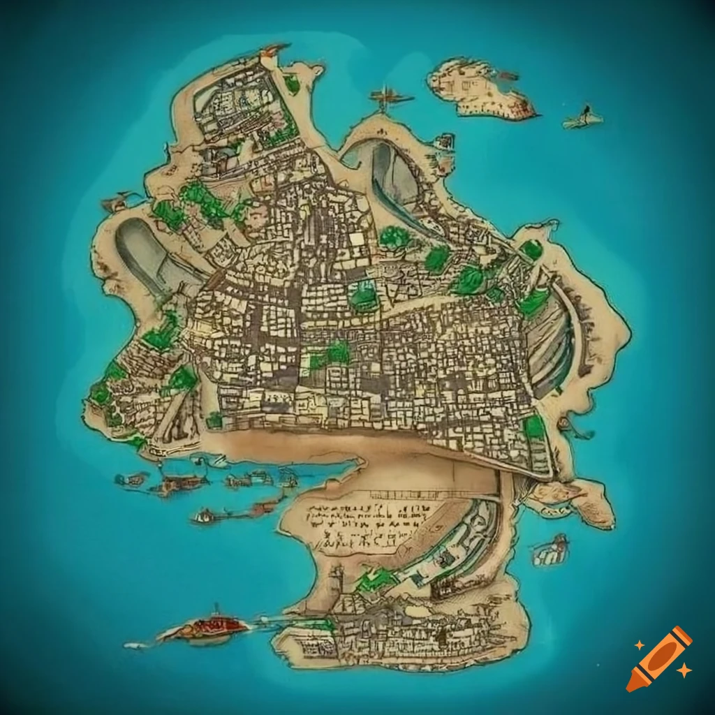 Alexandria-style fantasy city map with river and bridges on Craiyon