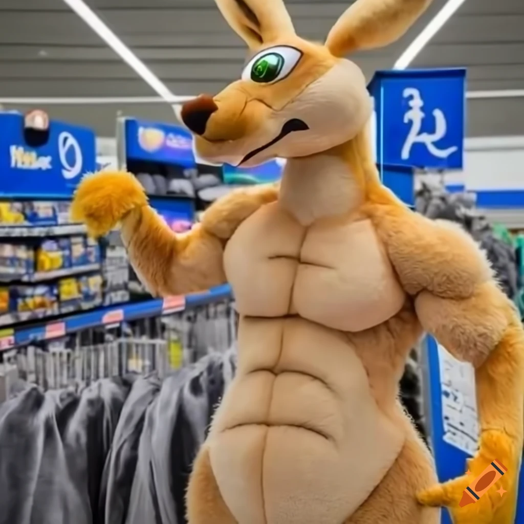 Male employee in a cartoony muscle kangaroo mascot costume at Walmart ...