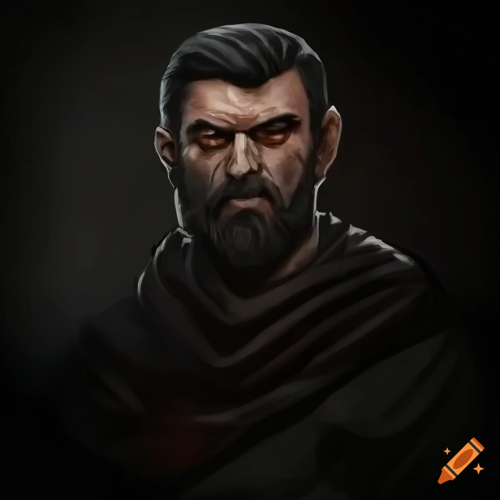 Realistic depiction of an evil cleric with dark hair, a scar on his ...