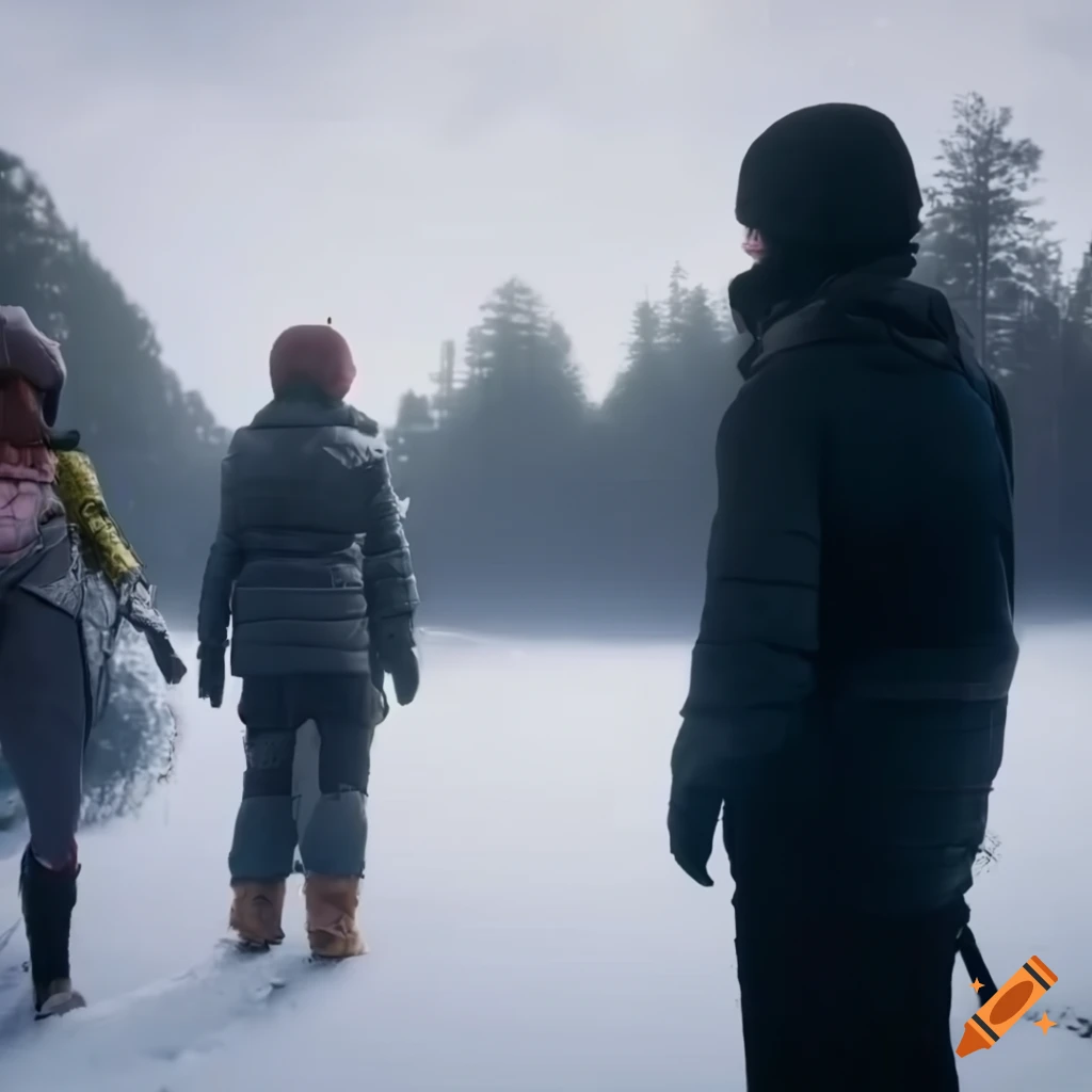 Sci-fi couple in winter clothing in an Australian village with taiga forest under a cloudy ...