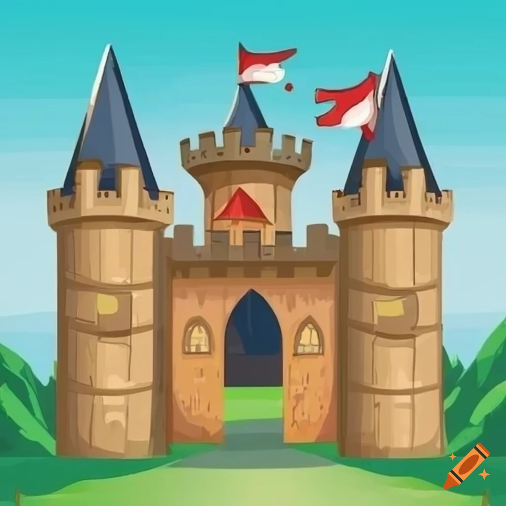 Guard knight standing in front of a medieval castle wood gate in ...