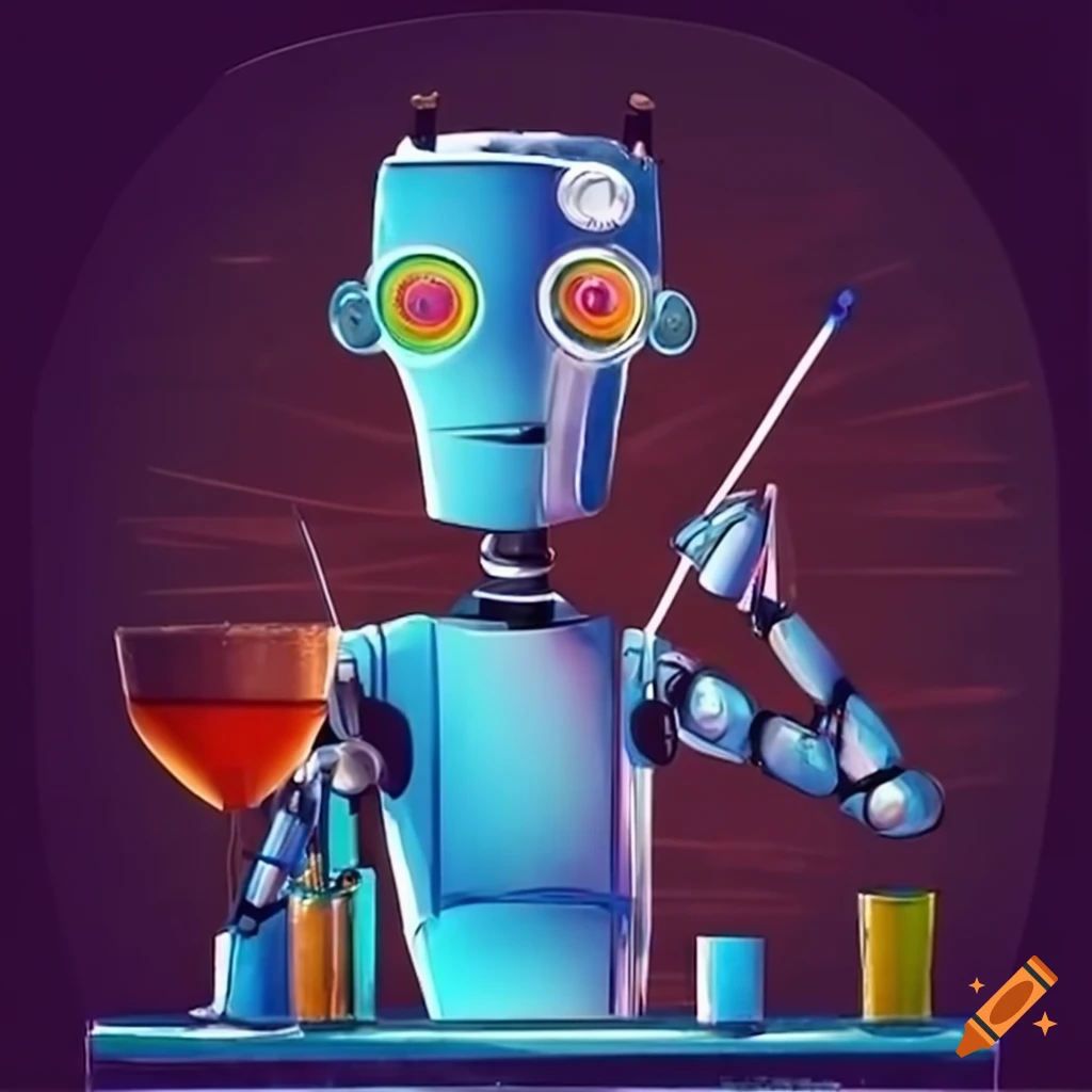 Robot bartender mixing a cocktail in a bar on Craiyon