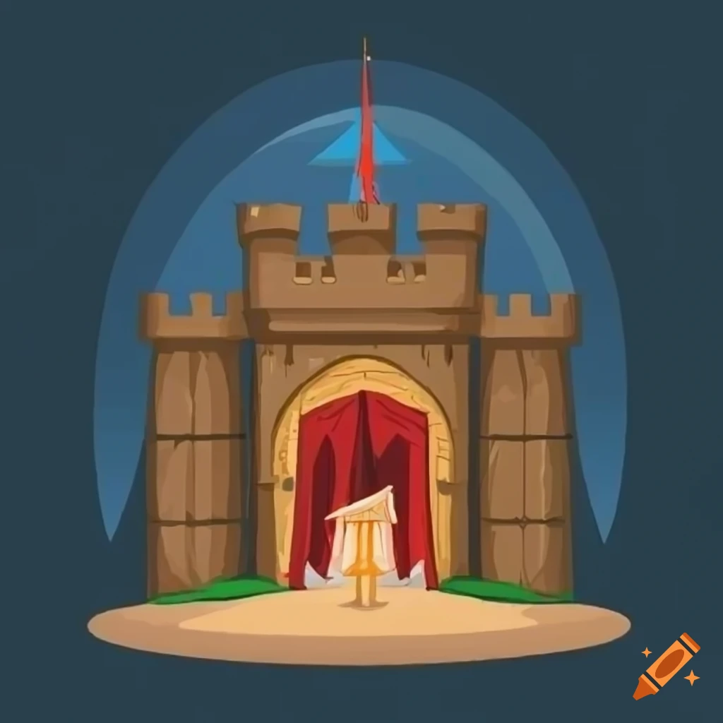 Guard knight standing in front of medieval castle wooden gate in ...