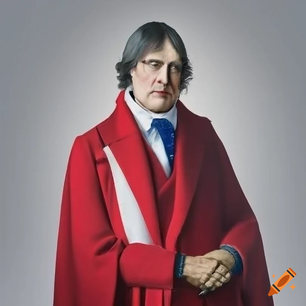 Photorealistic depiction of philosopher Georg Wilhelm Friedrich Hegel in a red dressing gown on ...