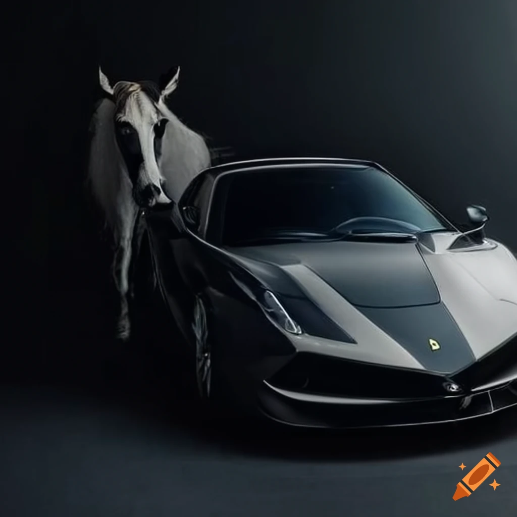Black ferrari with iconic white horse logo on Craiyon