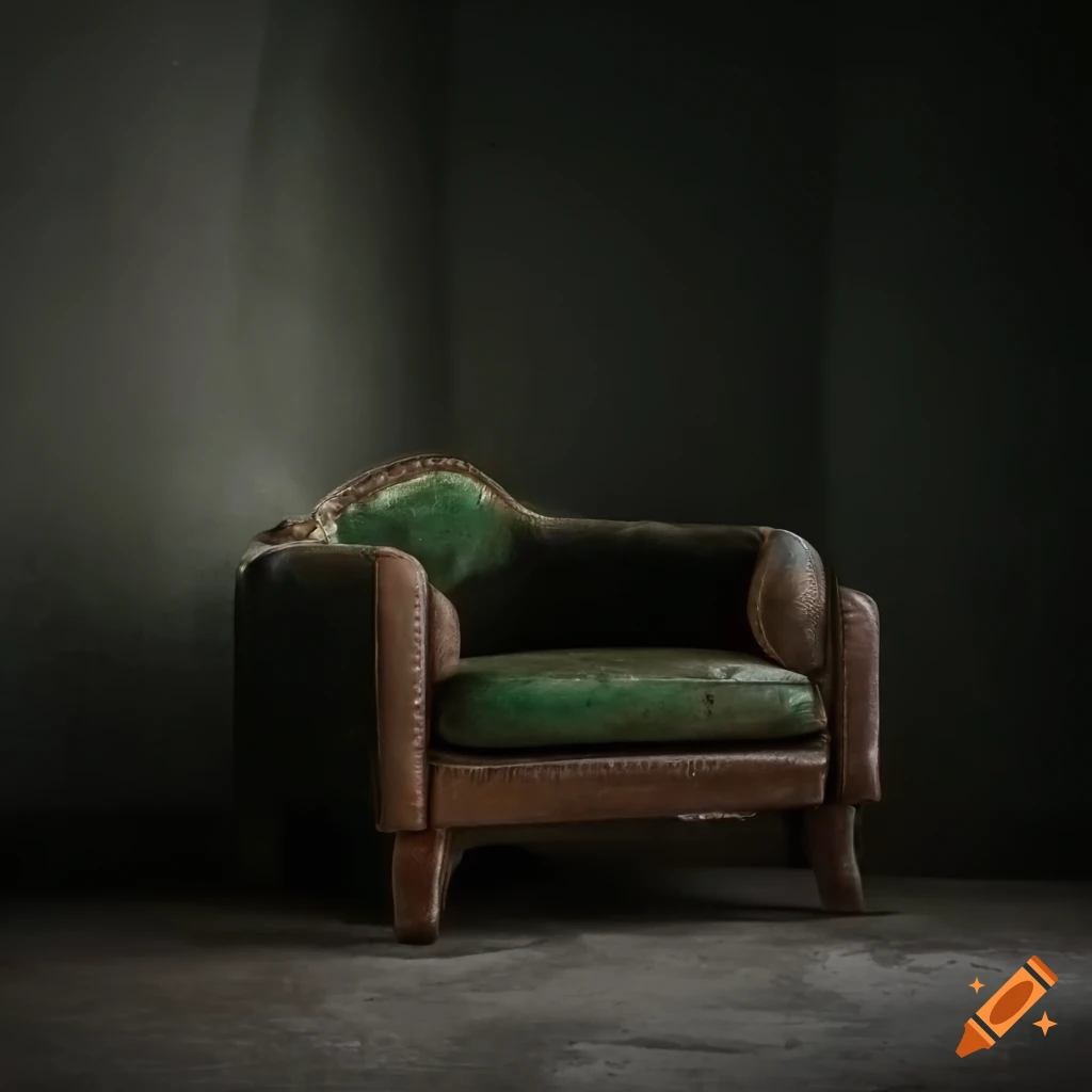 Abandoned worn leather chair with stuffing spilling out under foggy ...