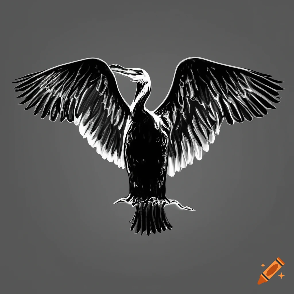 Stylized cormorant with outstretched wings in black and white on white ...