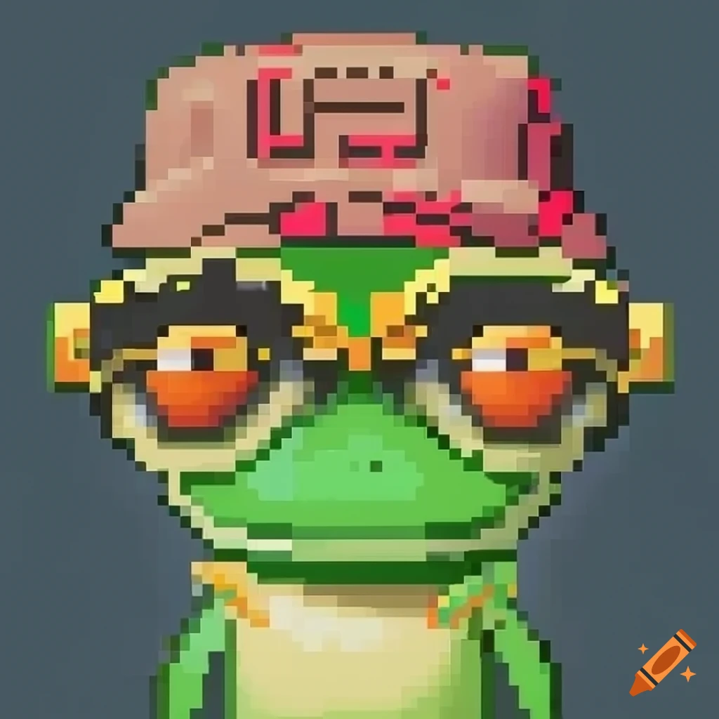 Pixel art of a frog wearing glasses, cap, and gold chain on Craiyon