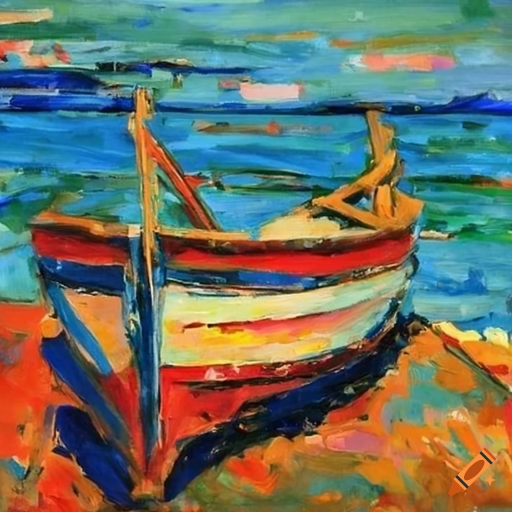 Beach with a boat in german expressionist style on Craiyon