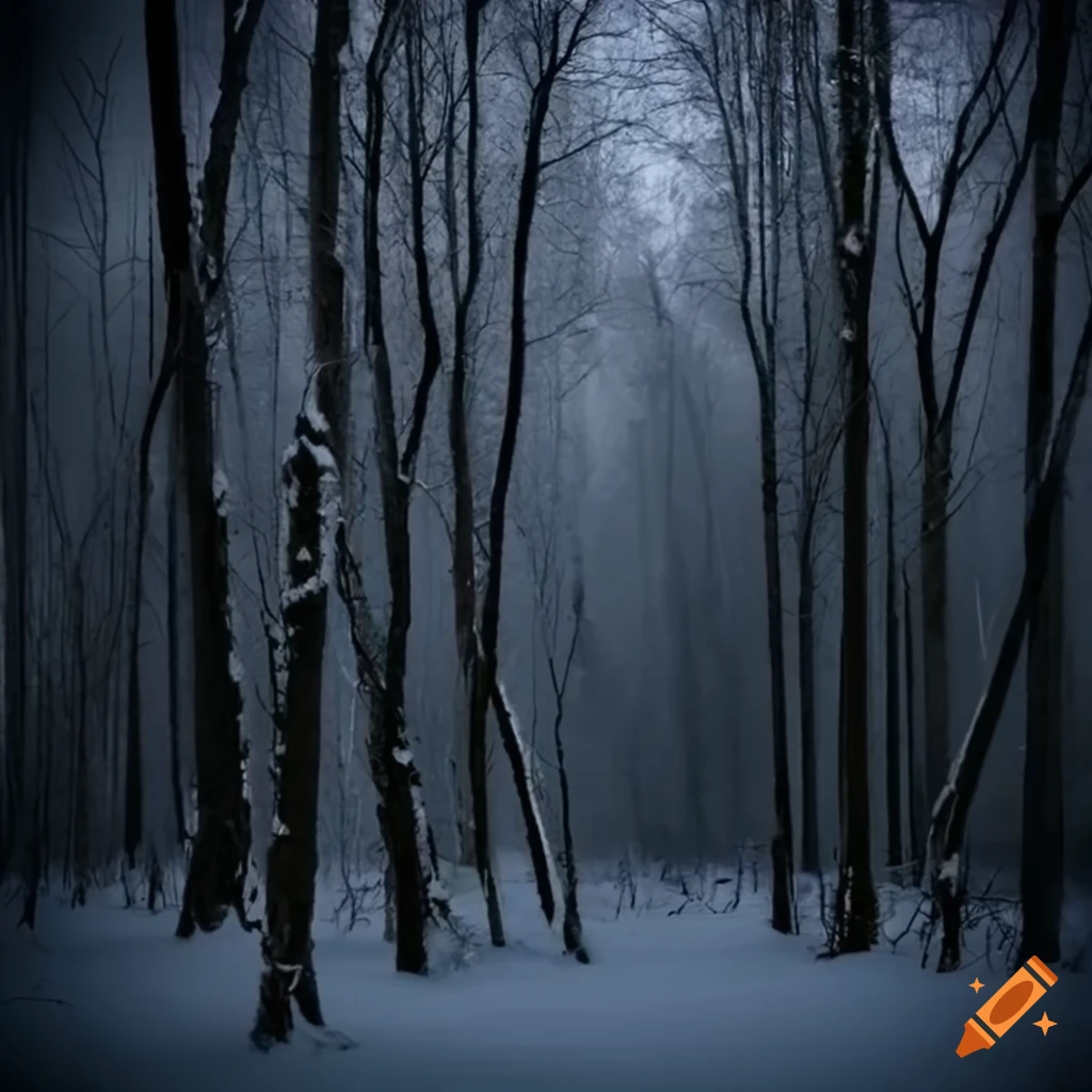 Snow-covered forest in a dark setting on Craiyon