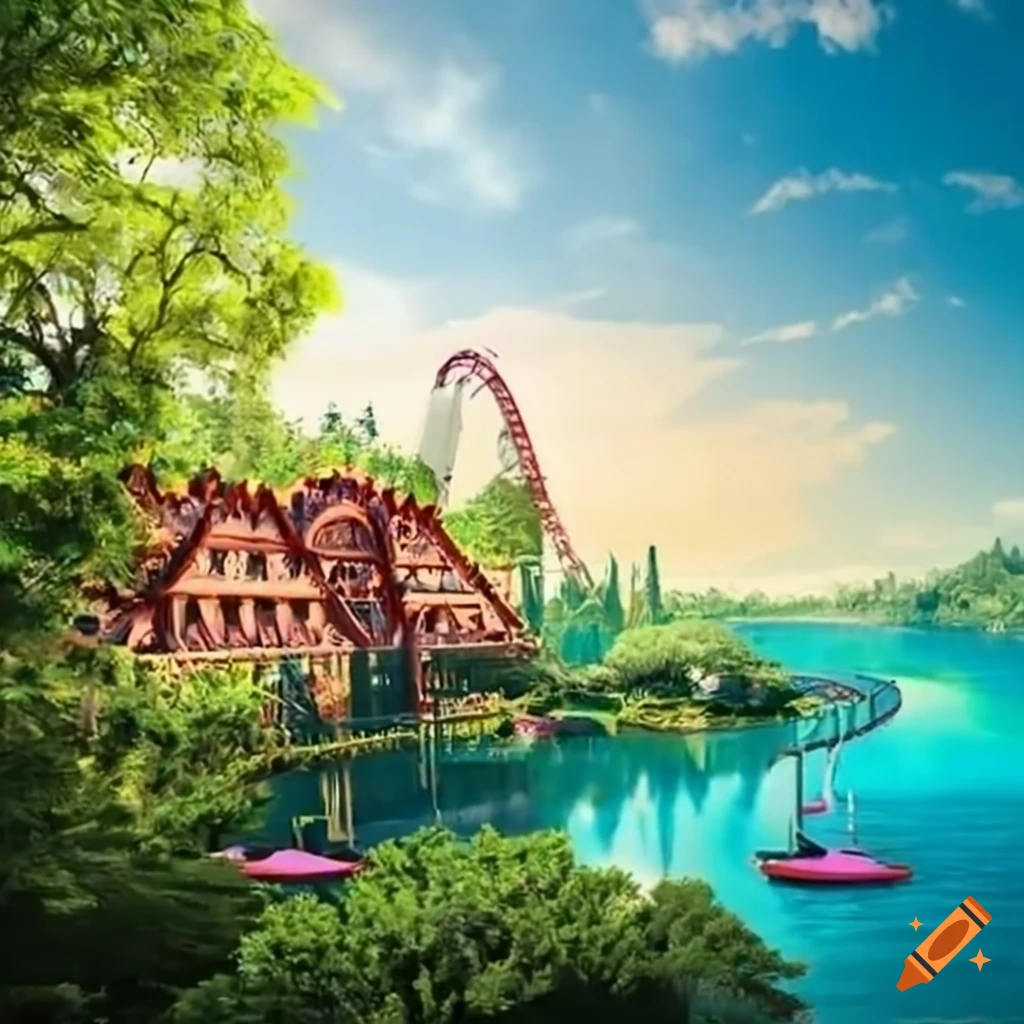 Rollercoaster theme park in beautiful natural setting on Craiyon