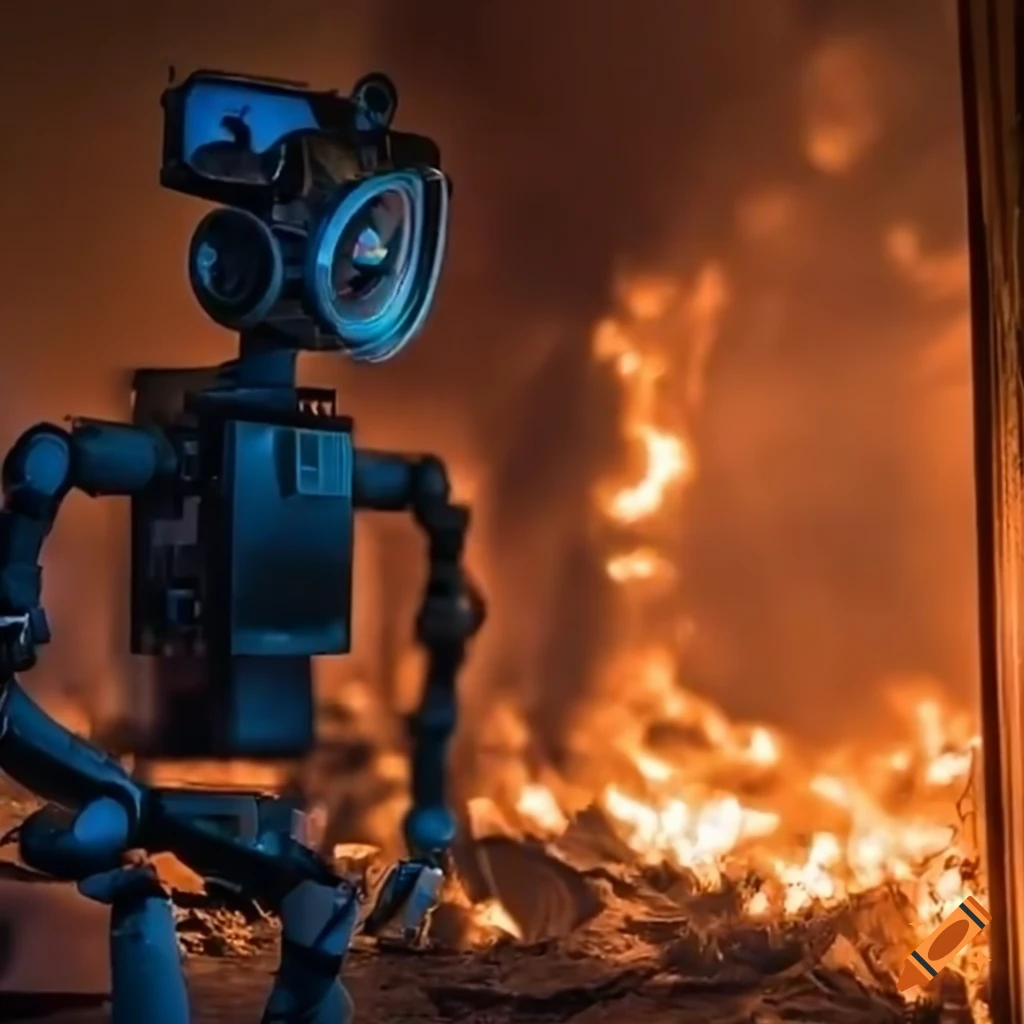 Robots walking out of a burning building on Craiyon