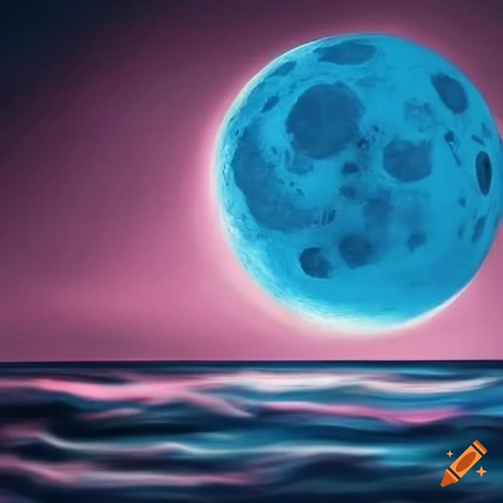 Blue moon setting in a pink ocean in a hyper realistic style on Craiyon