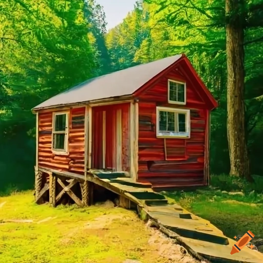 Charming cinder block cabin with walkout basement steps leading to ...