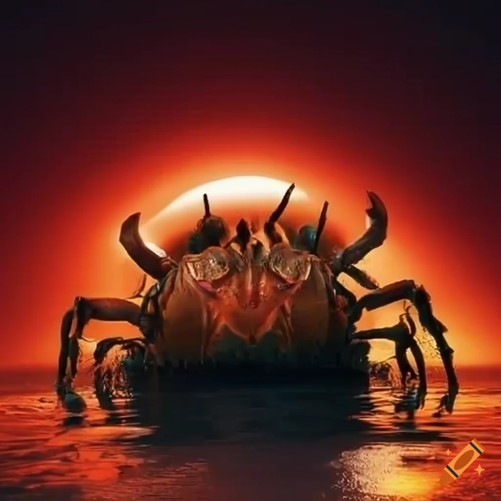 Beach with massive crabs on an island under a red sun on Craiyon