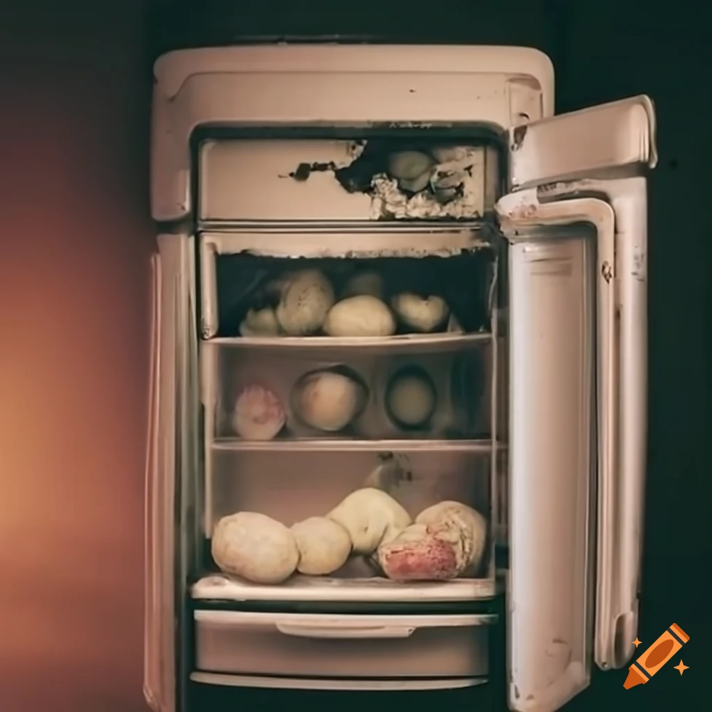 Leaking vintage refrigerator with moldy vegetables on Craiyon