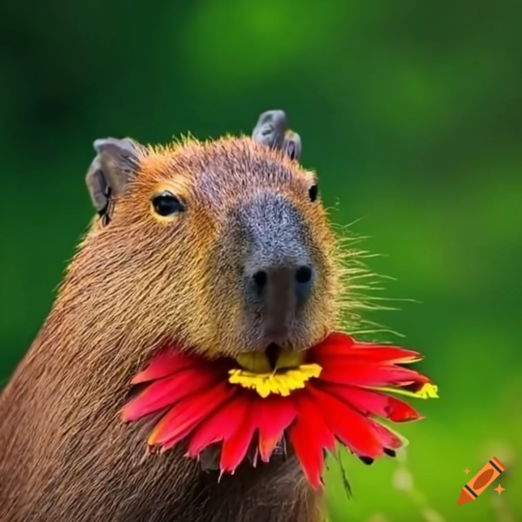 Adorable capybara watering a vibrant red and yellow flower with its ...