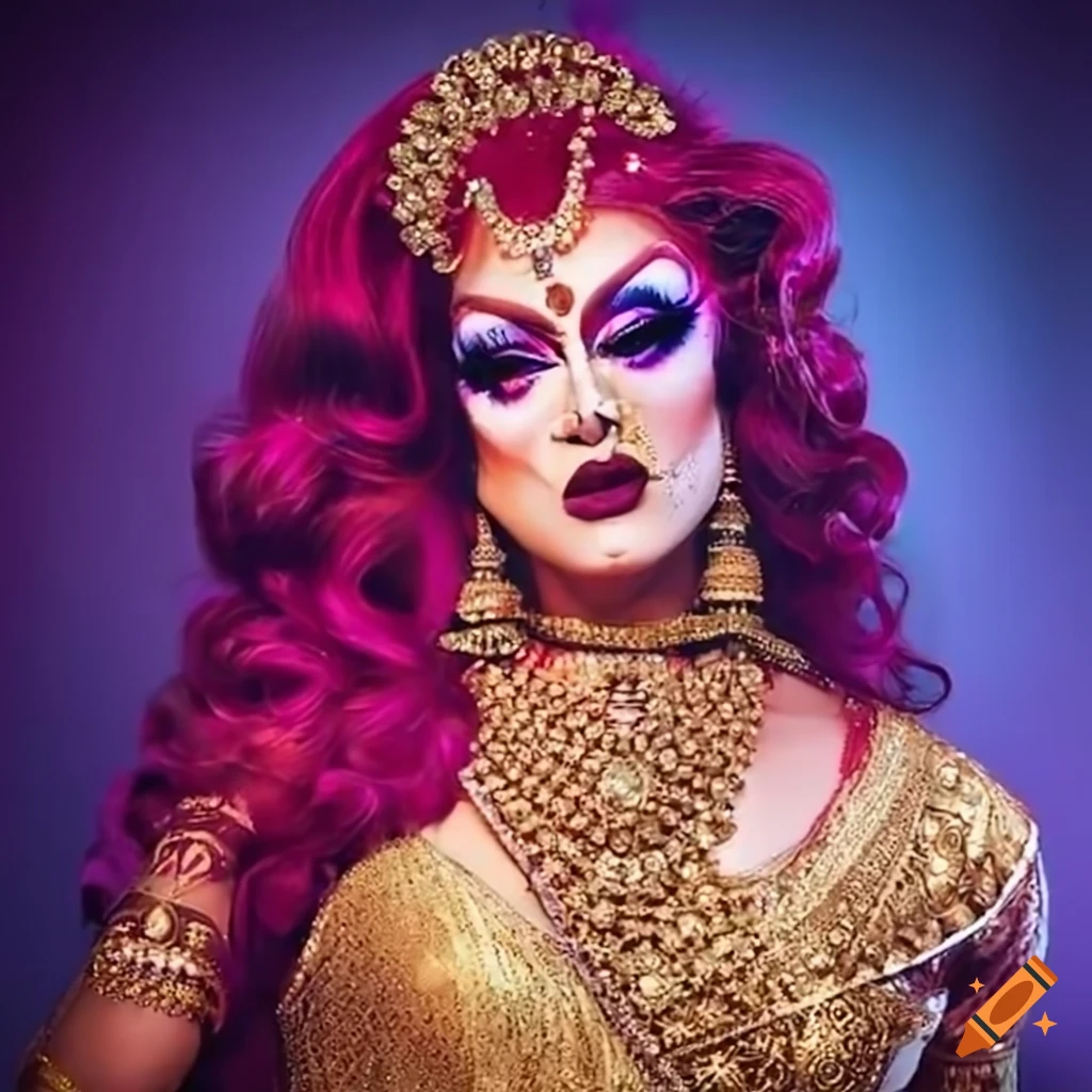 Indian drag queen in opulent sari with gold embroidery and jewel tones ...