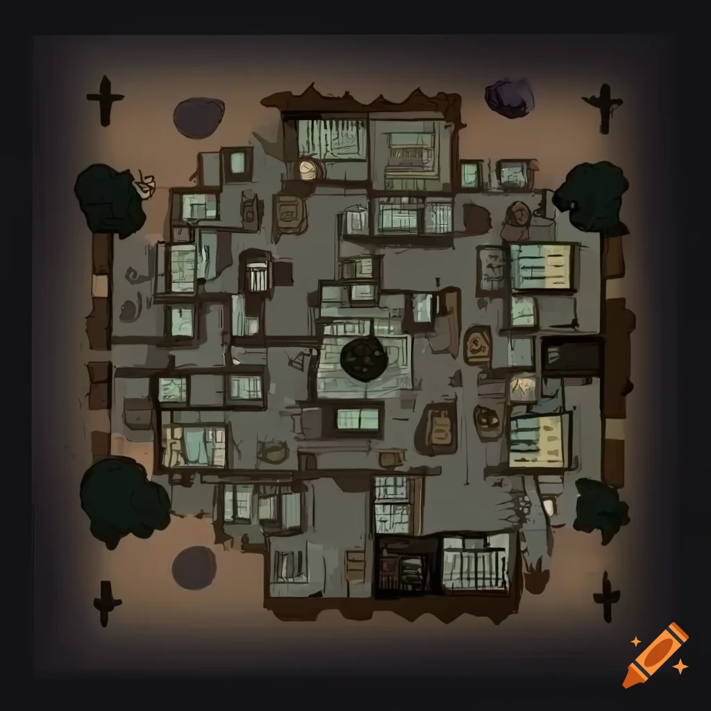 Top down view of a post-apocalyptic town map in vector format on Craiyon
