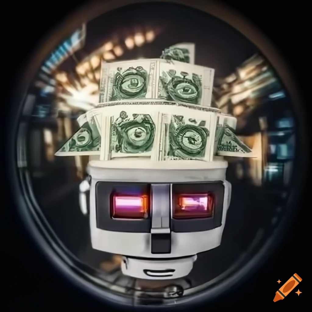 Robot with 80s square head style holding lots of money in wide lens ...