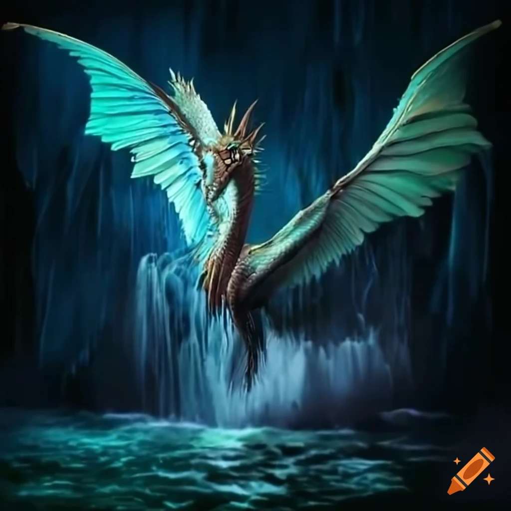 Graceful feathered dragon flying around a waterfall on Craiyon