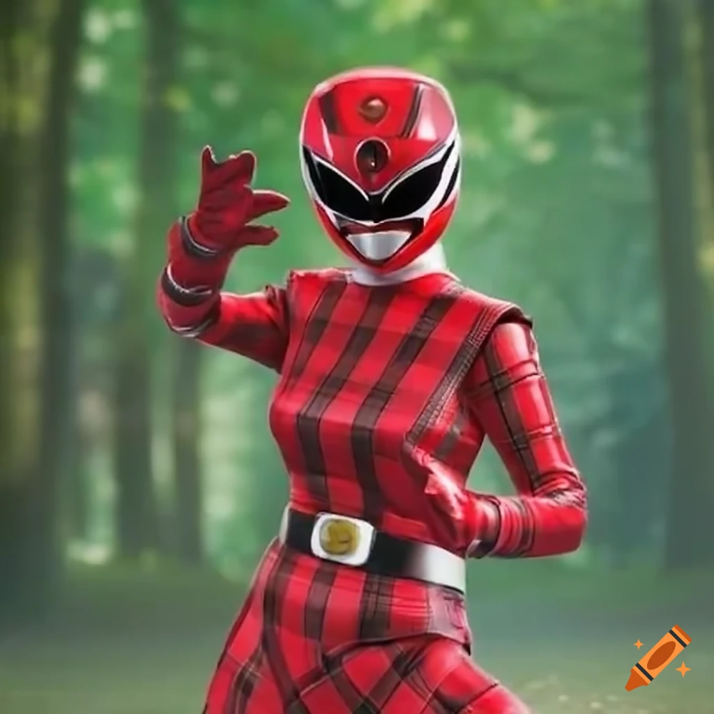 Female red power ranger in plaid suit against woodland backdrop on Craiyon