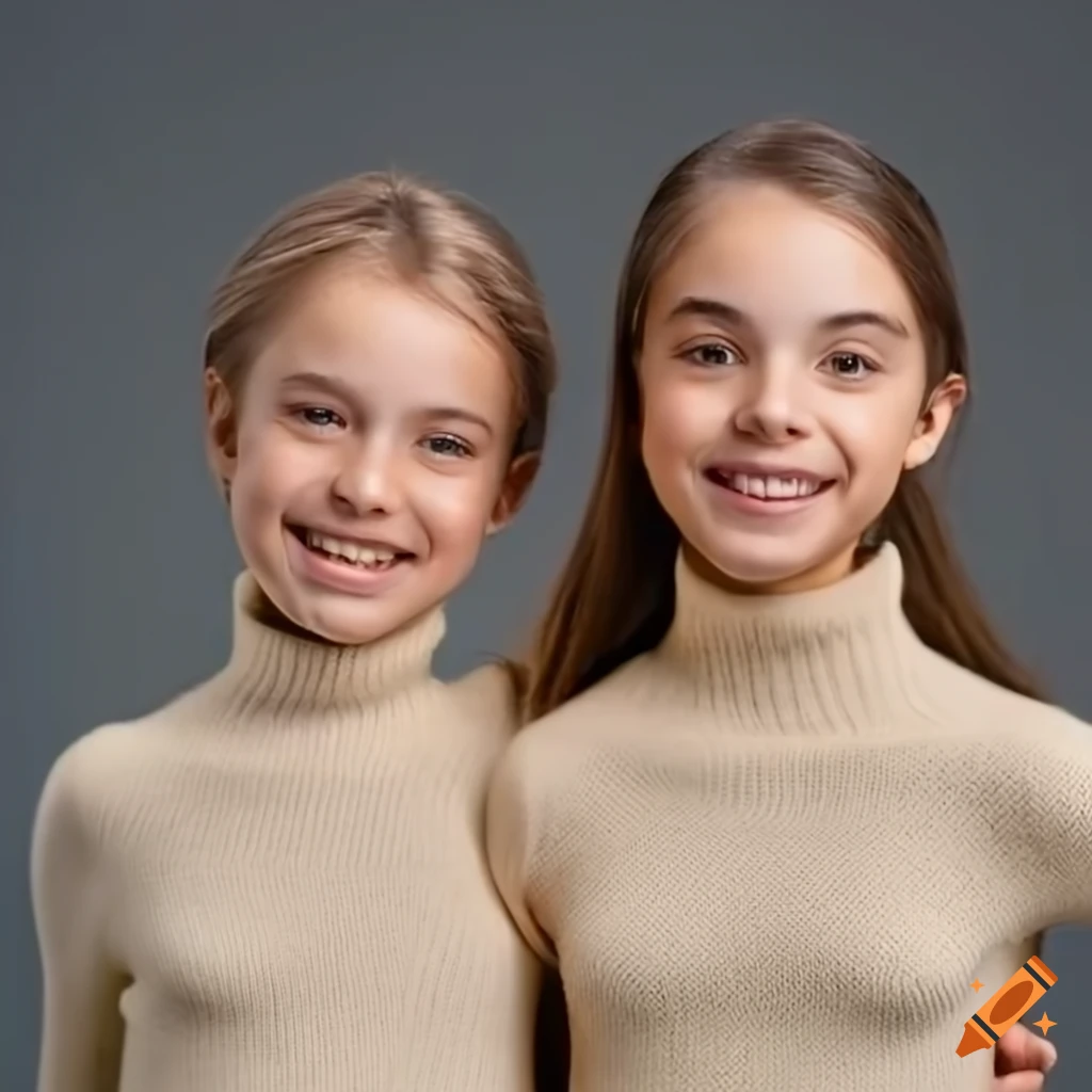 Two girls embracing and smiling in creme high turtleneck sweaters on ...