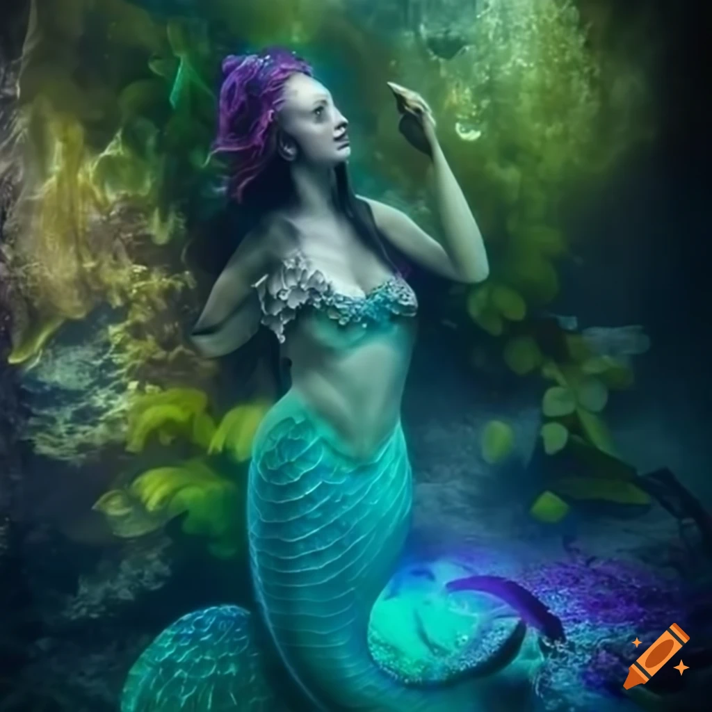 Two mermaid goddesses overseeing an enchanting realm with iridescent coral reefs on Craiyon