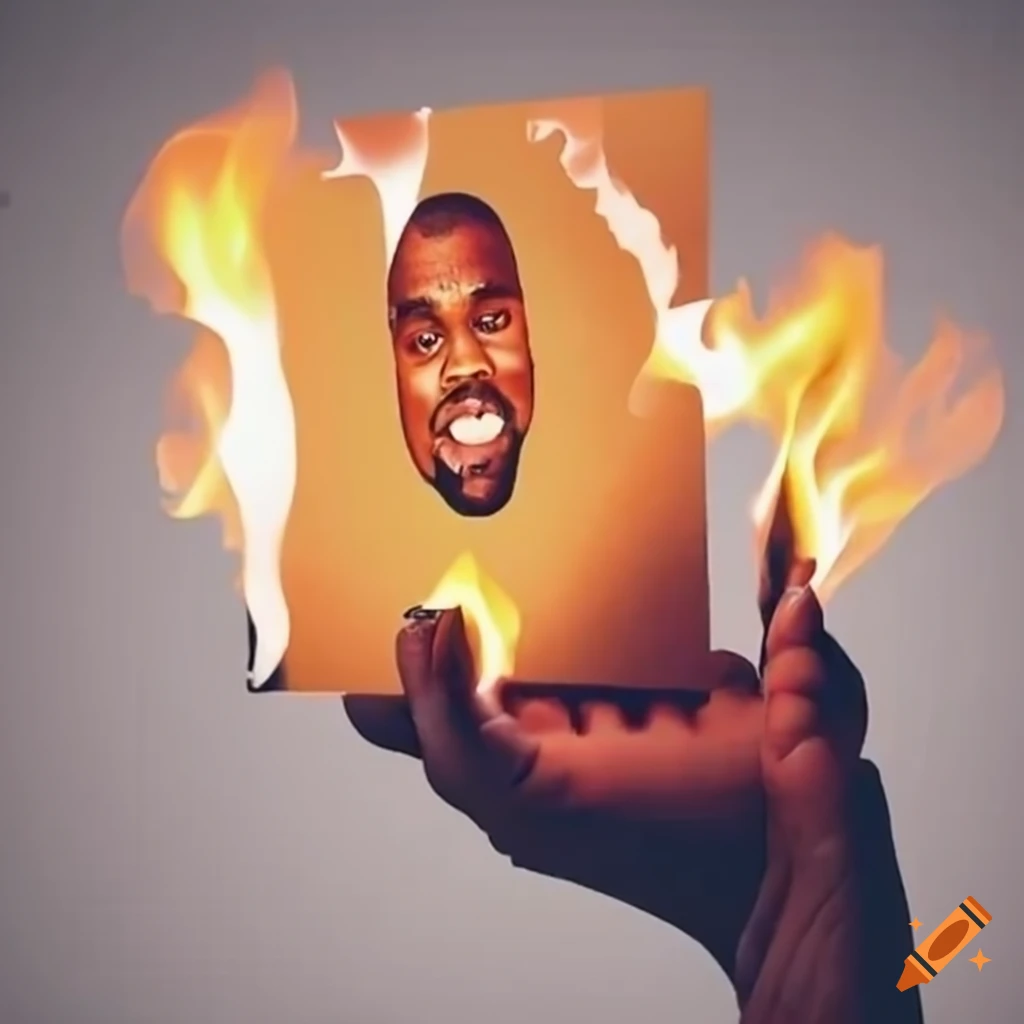 Person holding a burning paper with kanye west's face on Craiyon