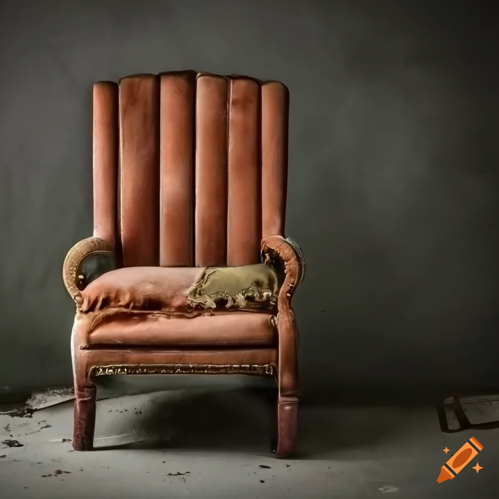 Abandoned worn leather chair with peach velvet piping and stuffing ...