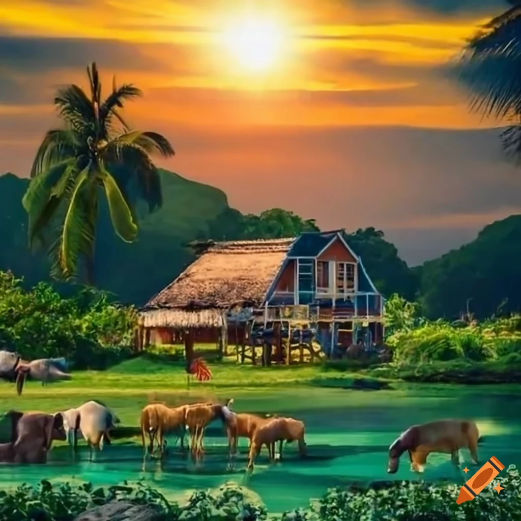 Tropical island ranch with ocean sunset and diverse animals in ...