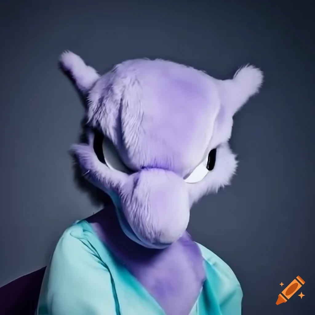 Close up detail of a nurse in a full body Mewtwo fursuit at hospital on ...