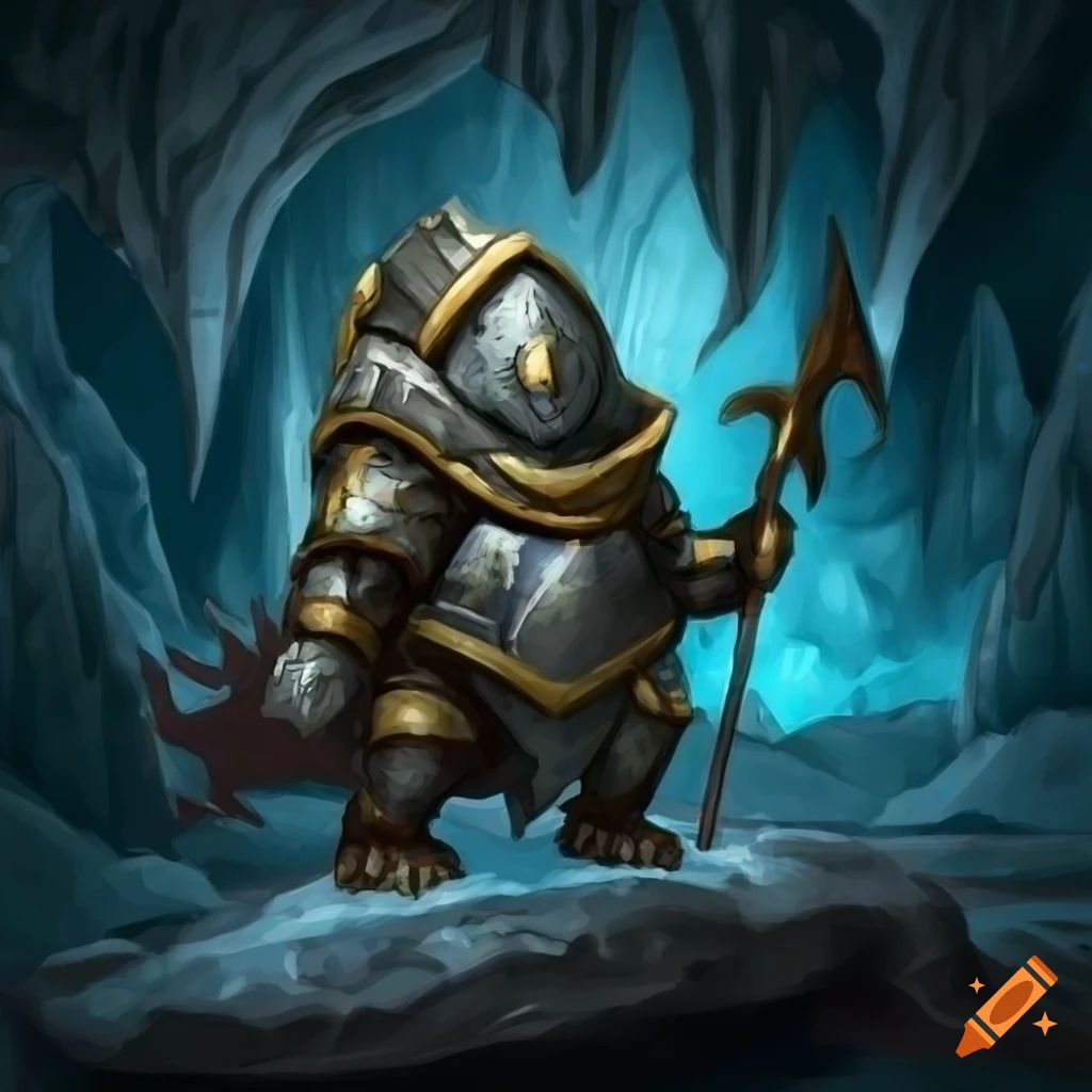 Toad paladin in dark plate armor with halberd in an ice cave on Craiyon